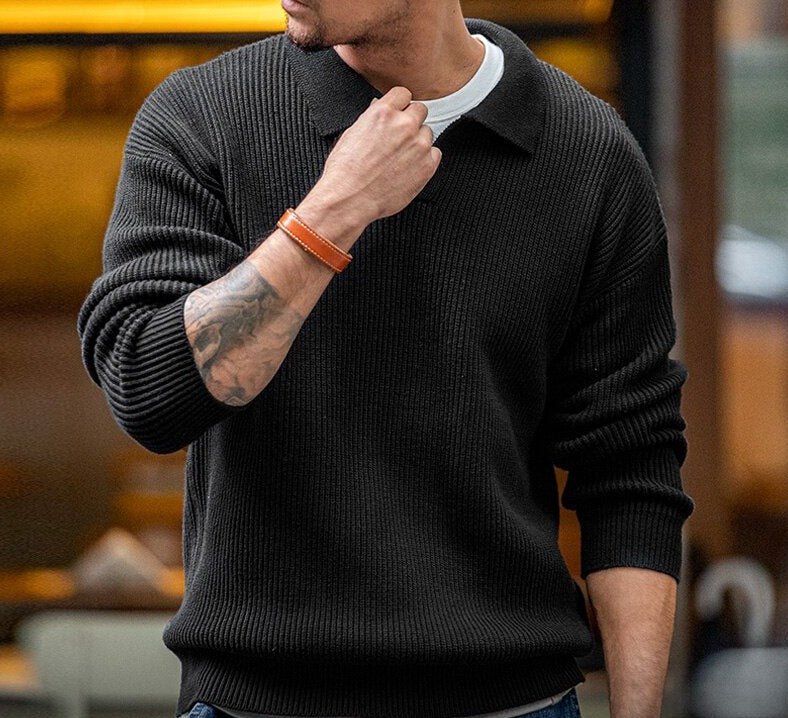 Open Neck Collared Rib Knit Sweater | Streets of Seoul | Men's Korean ...